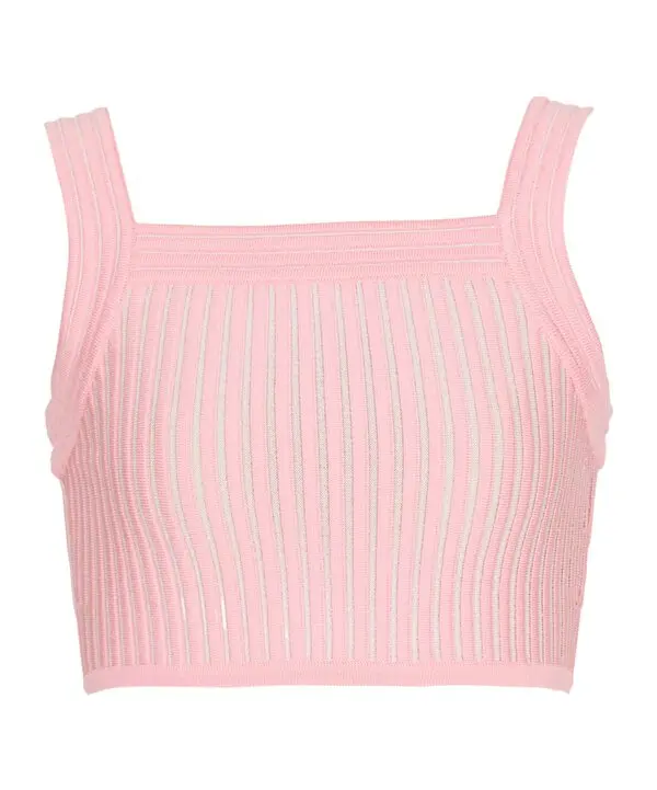 Balmain Square Neck Textured Knit Top - Pink