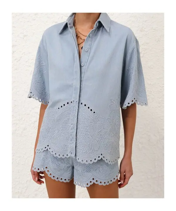 Zimmermann Daylight Broderie Relaxed Fit Denim Shirt - Ice-storm