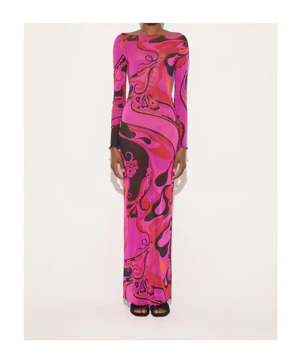 Emilio Pucci Orchidee Printed Long Sleeve Maxi Dress - Fuchsia/black
