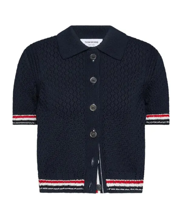 Thom Browne Short Sleeve Buttoned Cardigan With Striped Trim - Navy Blue
