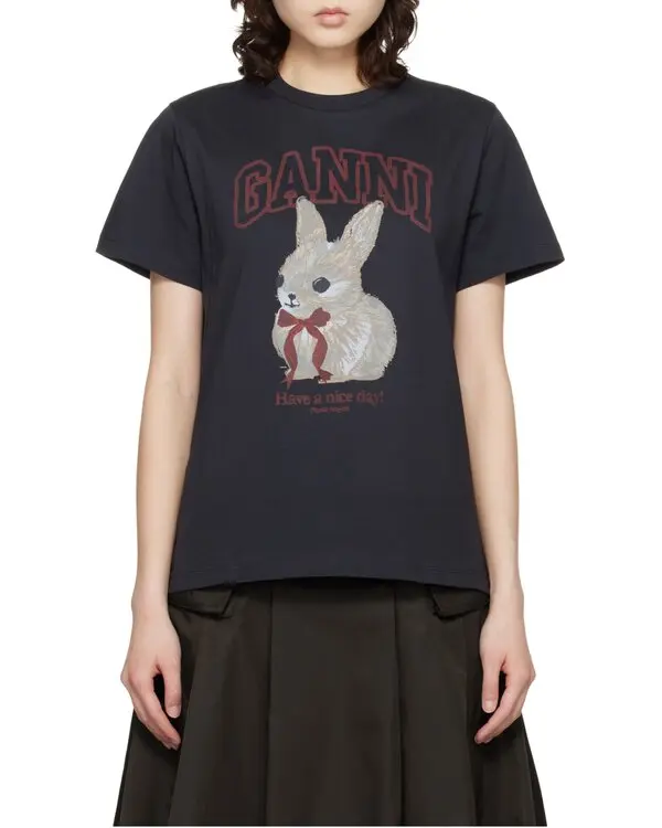GANNI Cotton Rabbit Graphic T-shirt - Phantom Black