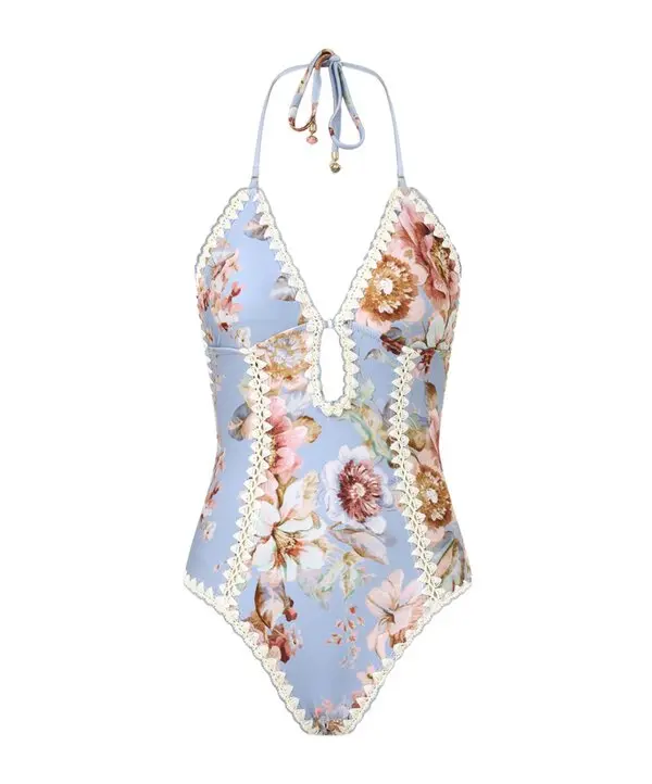Zimmermann Awaken Crochet Keyhole One-piece Swimsuit - Chambray Floral