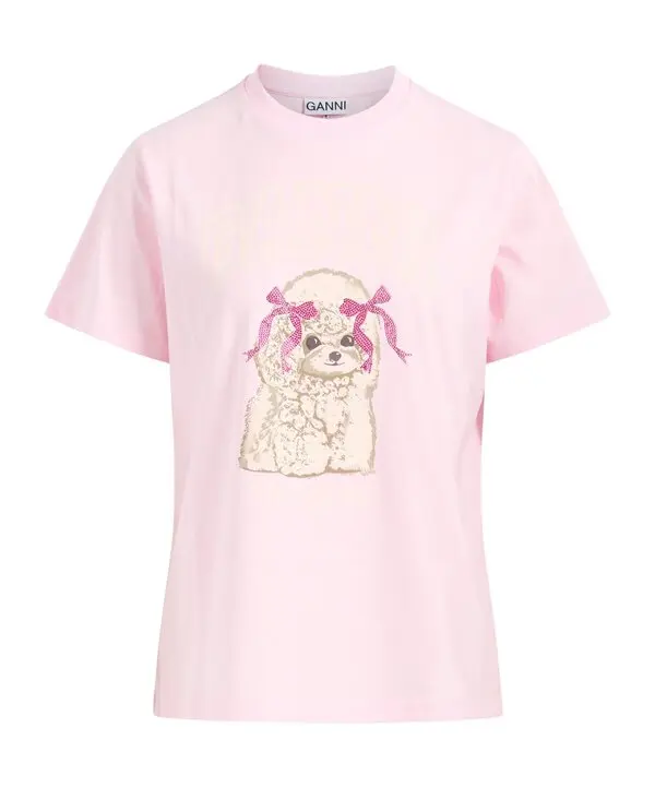 GANNI Poodle Logo Printed Crewneck T-shirt - Pink