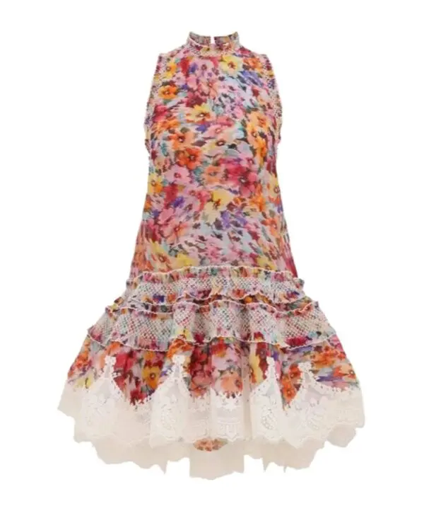 Zimmermann Floral Mini Dress With Lace Trim