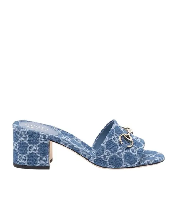 Gucci Monogrammed Horsebit Detailed Denim Sandals - Blue