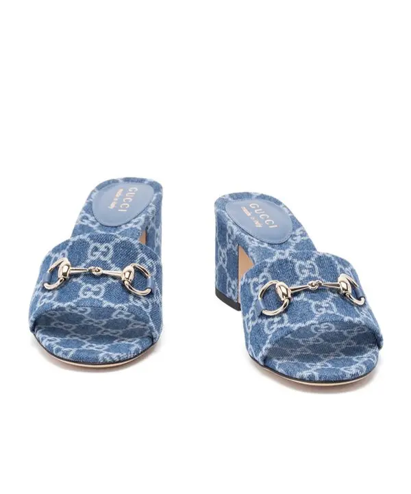 Gucci Monogrammed Horsebit Detailed Denim Sandals - Blue