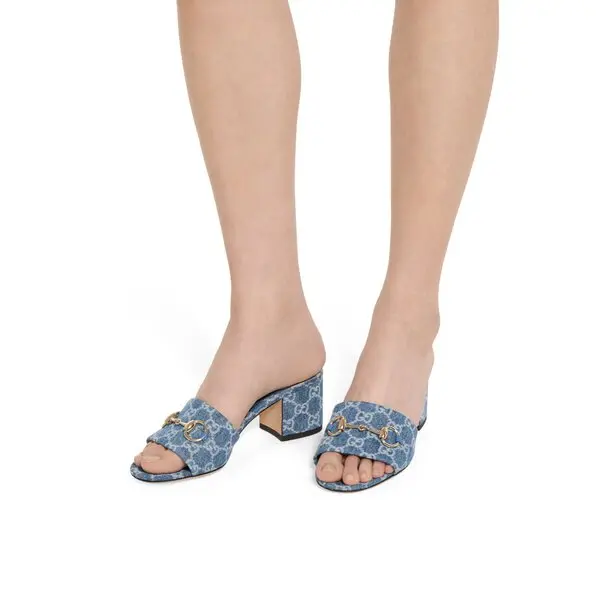 Gucci Monogrammed Horsebit Detailed Denim Sandals - Blue
