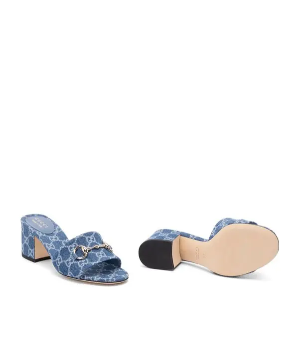 Gucci Monogrammed Horsebit Detailed Denim Sandals - Blue
