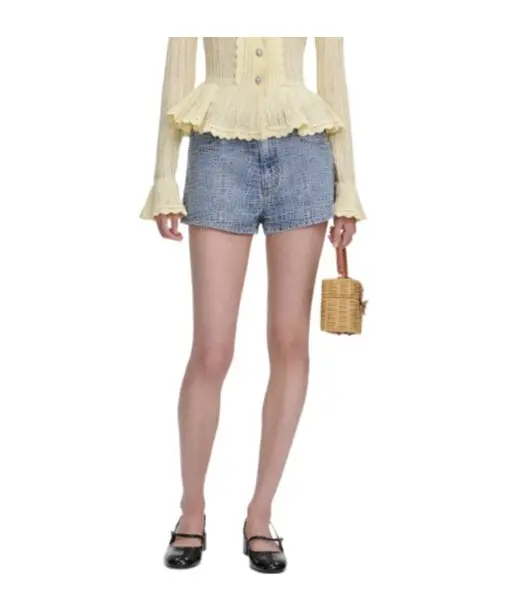 SELF-PORTRAIT Croc-embossed High-waisted Denim Shorts