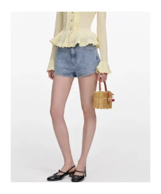 SELF-PORTRAIT Croc-embossed High-waisted Denim Shorts
