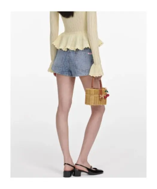 SELF-PORTRAIT Croc-embossed High-waisted Denim Shorts