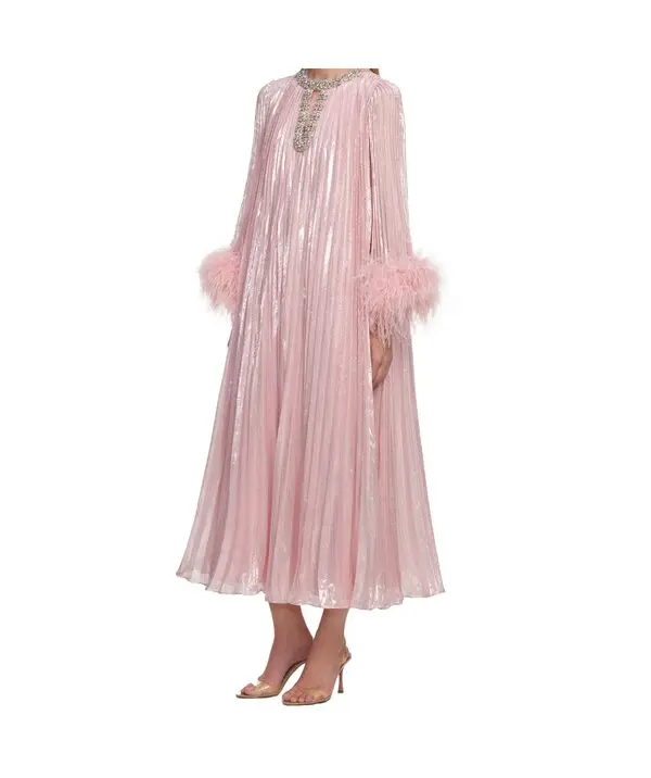 SELF-PORTRAIT Feather Trim Midi Dress - Pink