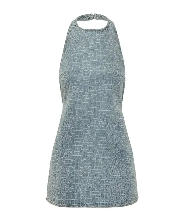SELF-PORTRAIT Embossed Denim Mini Dress - Blue
