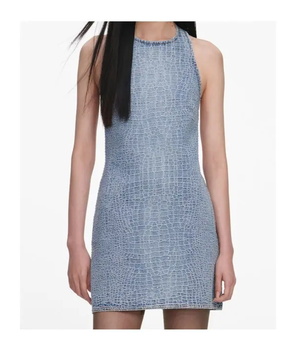 SELF-PORTRAIT Embossed Denim Mini Dress - Blue