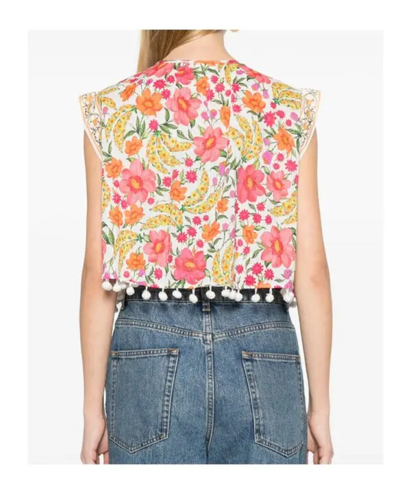 Farm Rio Floral Printed Pom-pom Sleeveless Top