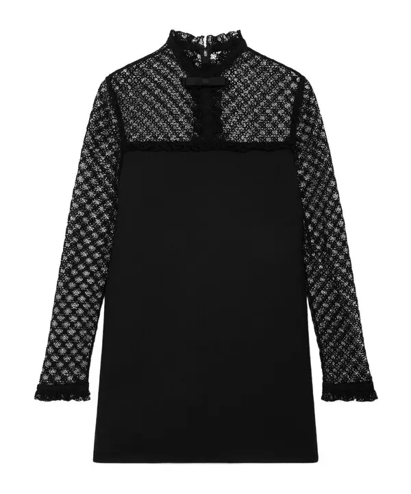 Celine Lace Mini Dress In Diagonal Wool - Black