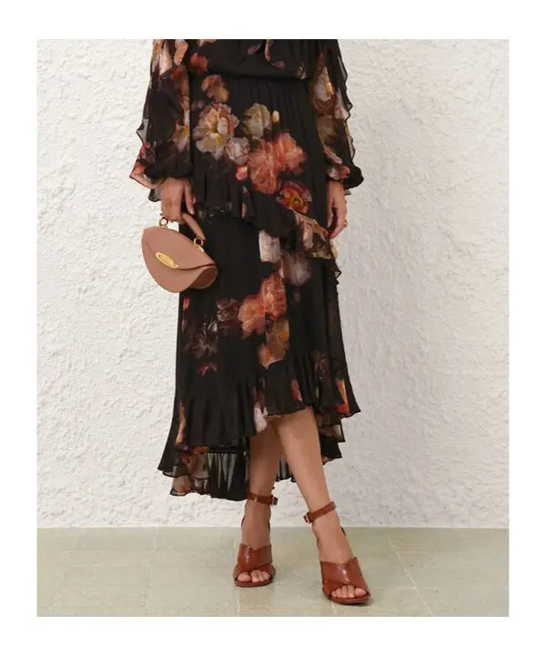 Zimmermann Floral Asymmetrical Frilled Midi Skirt
