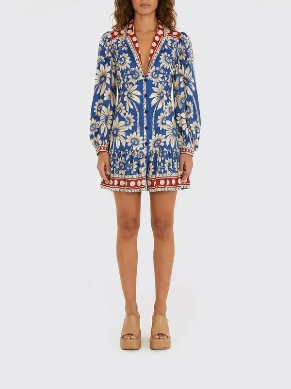 Farm Rio Floral Print V-neck Mini Dress With Ruffled Hem - Blue