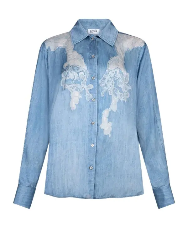 Liu Jo Lace Overlay Denim Effect Digital Print Shirt - Blue Denim