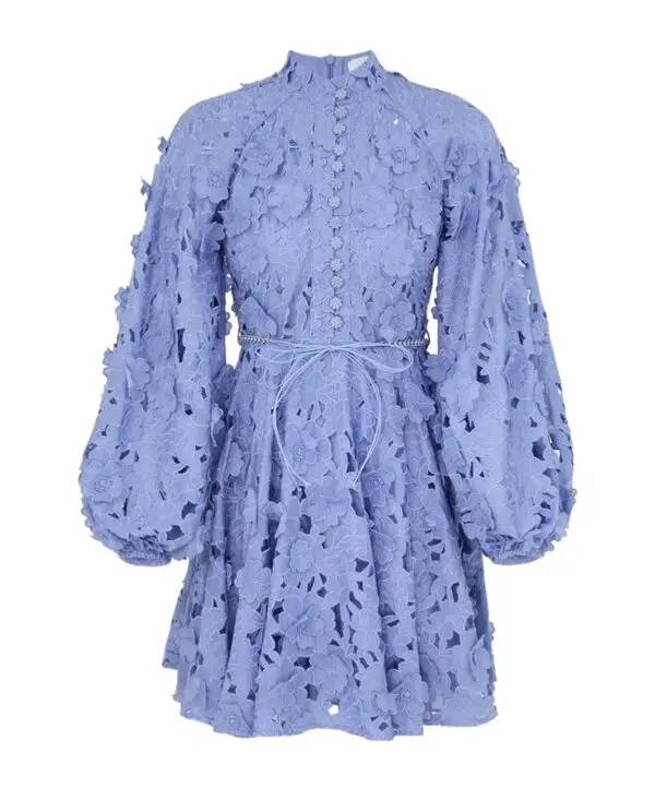 Zimmermann Patience Mini Dress With Lace And Raglan Sleeves - Blue