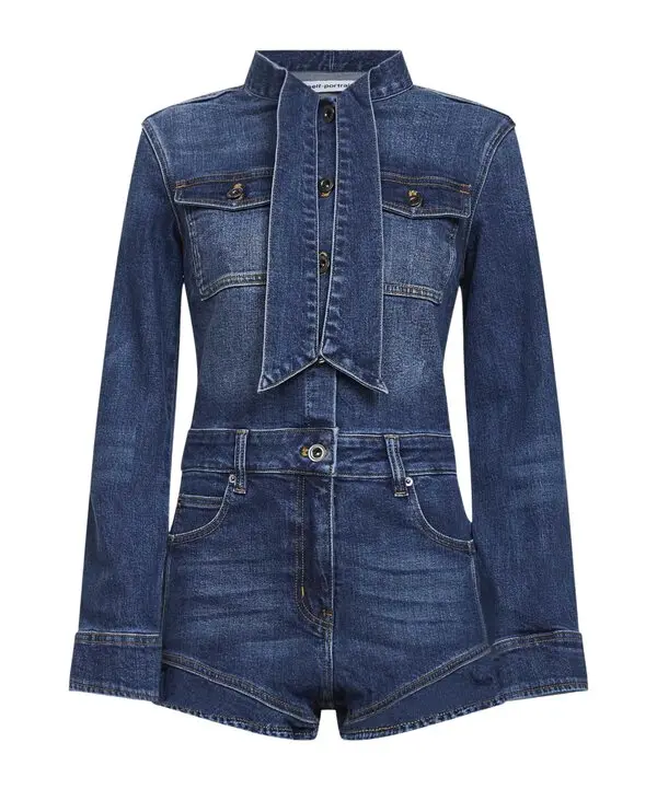 SELF-PORTRAIT Pussy-bow Ruffled Playsuit - Blue