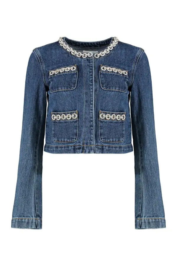 SELF-PORTRAIT Embellished Trim Denim Jacket - Blue