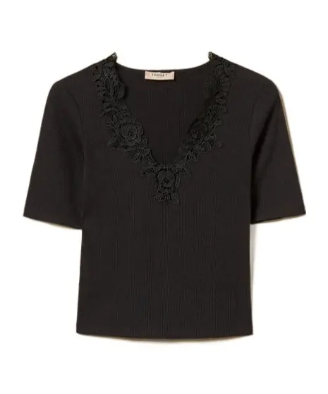 TWINSET Lace Trim Cropped T-shirt - Black