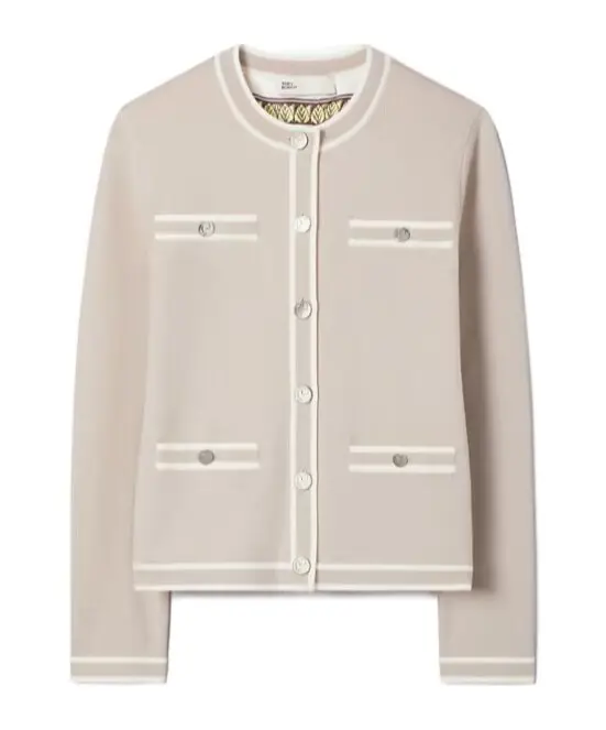 Tory Burch Trimmed Button-up Merino Wool Cardigan - Gray/new Ivory