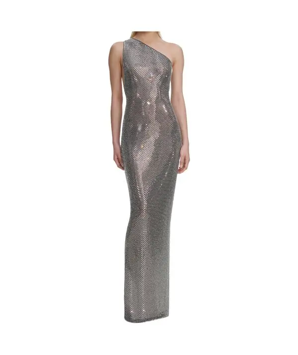 SELF-PORTRAIT Rhinestone One Shoulder Maxi Dress - Grey