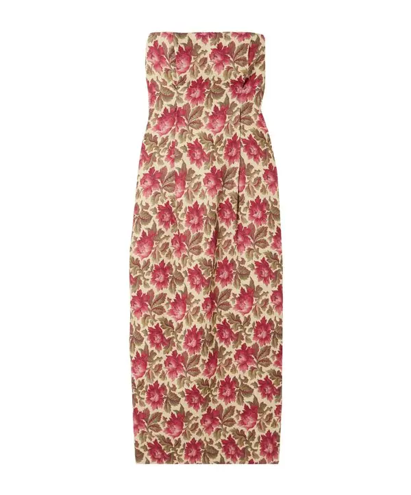 Posse Rosalie Strapless Pintucked Floral-print Linen Midi Dress - Red