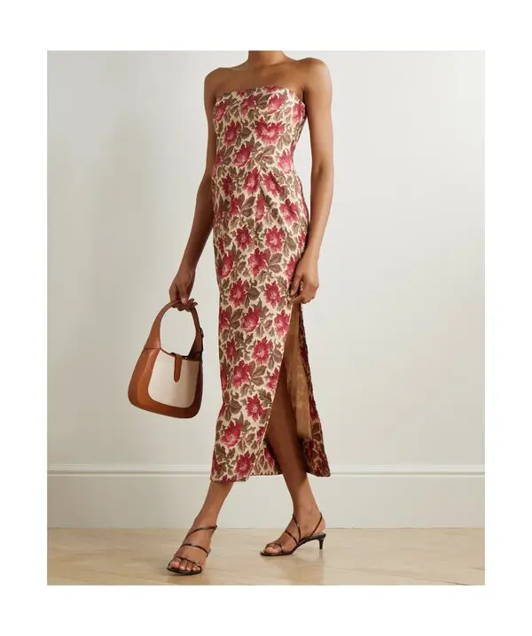 Posse Rosalie Strapless Floral-print Linen Midi Dress - Red