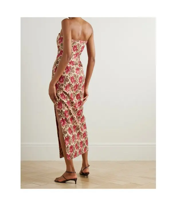 Posse Rosalie Strapless Floral-print Linen Midi Dress - Red