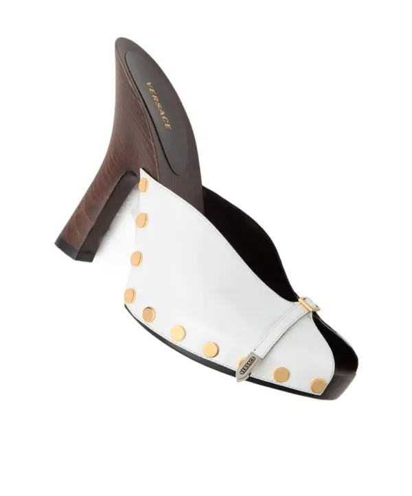 Versace Patent Leather Clogs With Wooden Sole And Metal Embellishments