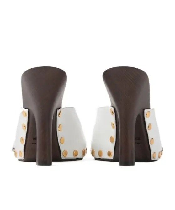 Versace Patent Leather Clogs With Wooden Sole And Metal Embellishments