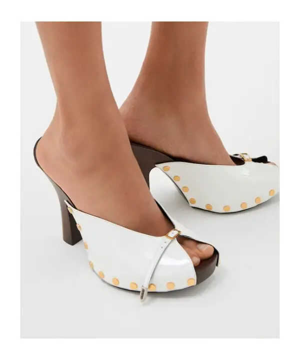 Versace Patent Leather Clogs With Wooden Sole And Metal Embellishments
