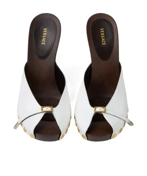Versace Patent Leather Clogs With Wooden Sole And Metal Embellishments
