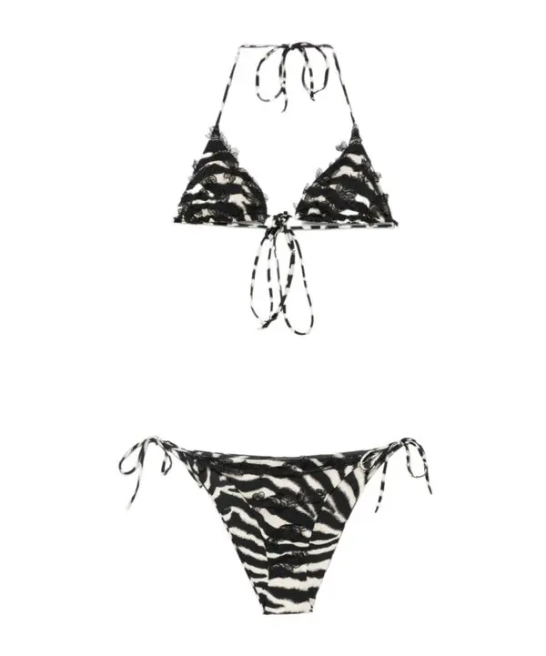 Ermanno Scervino Zebra Printed Lace Trim Bikini - Black