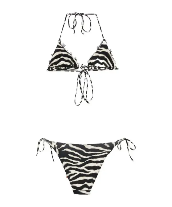 Ermanno Scervino Zebra Printed Lace Trim Bikini - Black