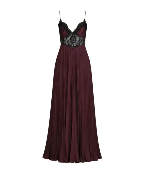 SELF-PORTRAIT Pleated Lace-trim Maxi Dress - Brown