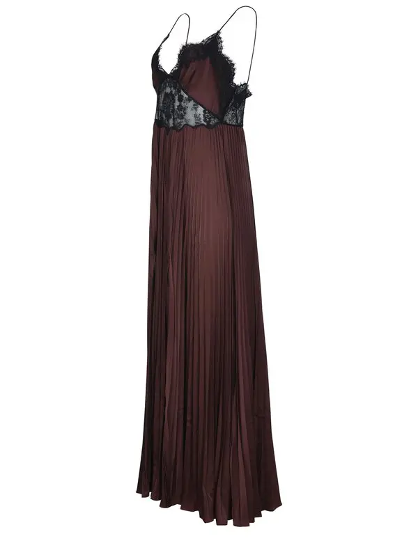 SELF-PORTRAIT Pleated Lace-trim Maxi Dress - Brown
