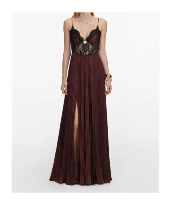 SELF-PORTRAIT Pleated Lace-trim Maxi Dress - Brown