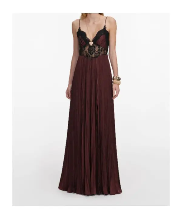 SELF-PORTRAIT Pleated Lace-trim Maxi Dress - Brown