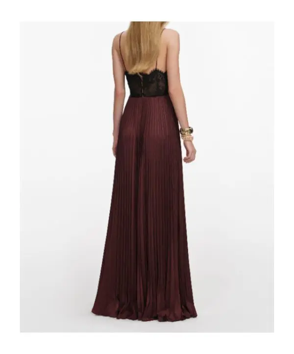 SELF-PORTRAIT Pleated Lace-trim Maxi Dress - Brown