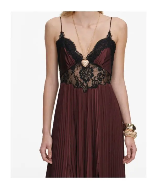 SELF-PORTRAIT Pleated Lace-trim Maxi Dress - Brown