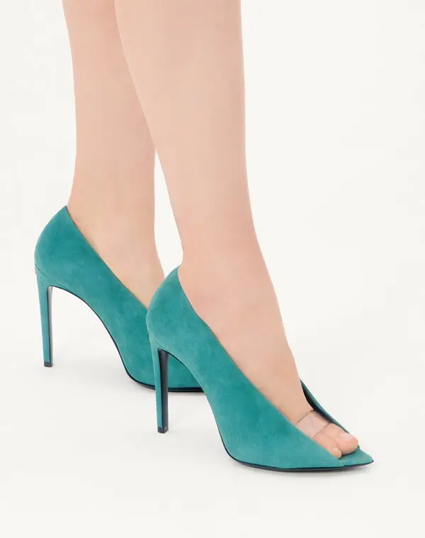 Valentino Garavani Open Toe Suede Pumps 105mm - Blue Crystal