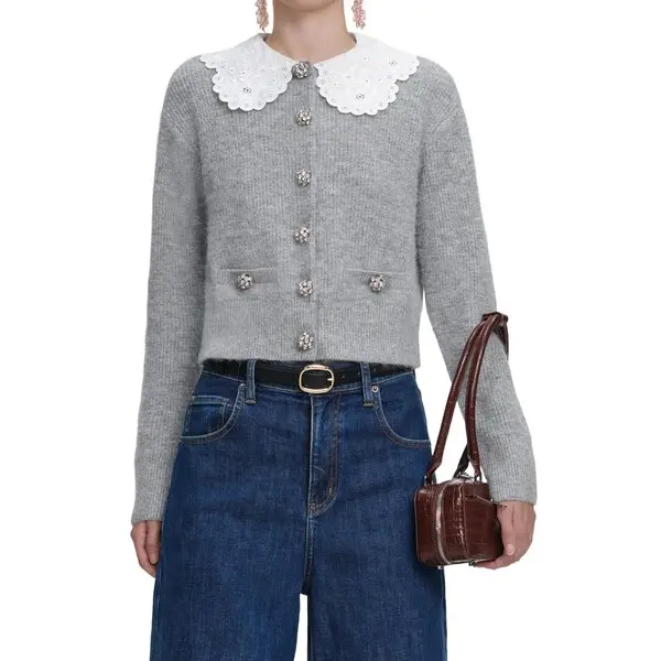 SELF-PORTRAIT Lace Collar Cardigan - Grey