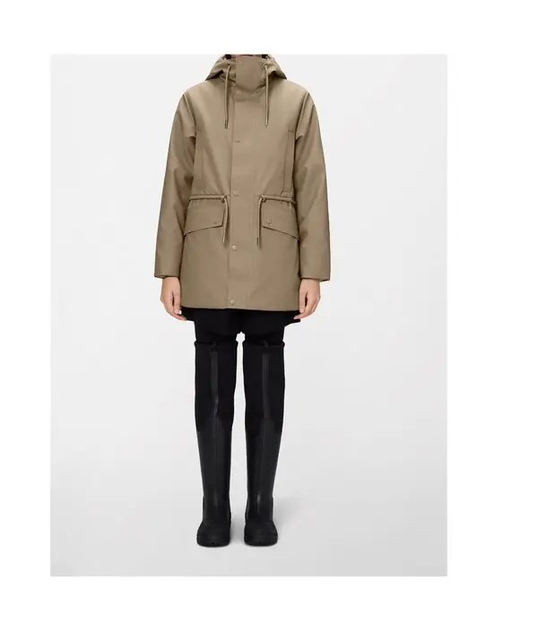 Rains Long Sleeve Raincoat With Drawstring Waist - Beige
