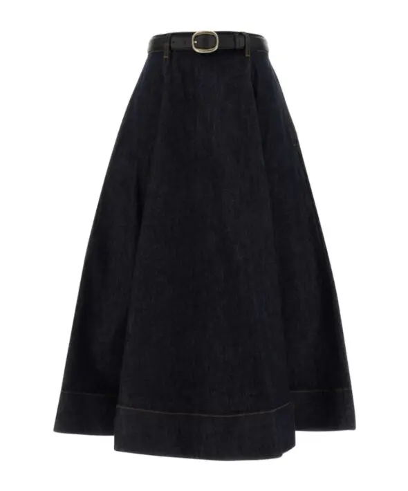 SELF-PORTRAIT Denim Flared Midi Skirt - Indigo