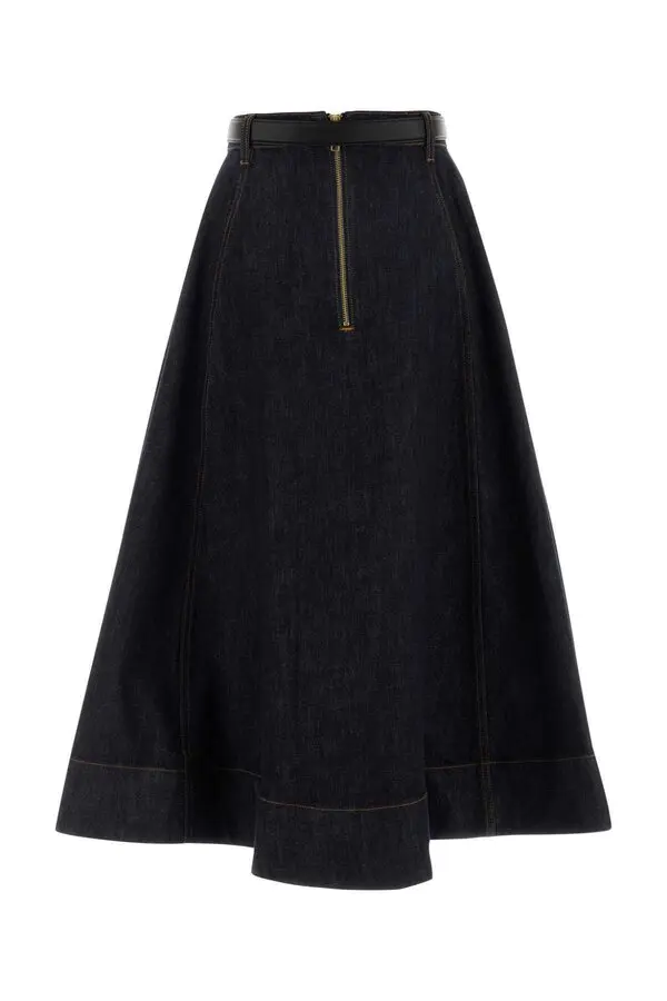 SELF-PORTRAIT Denim Flared Midi Skirt - Indigo