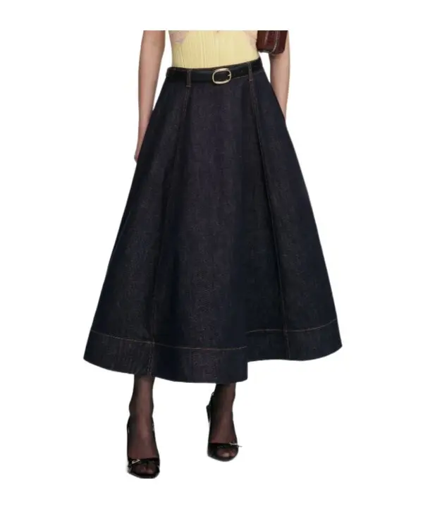 SELF-PORTRAIT Denim Flared Midi Skirt - Indigo